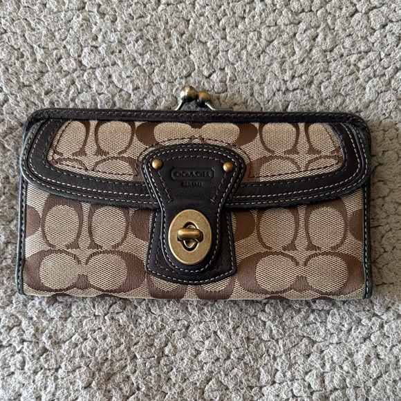Coach | Bags | Coach Signature Brown And Tan Clasp Wallet | Poshmark